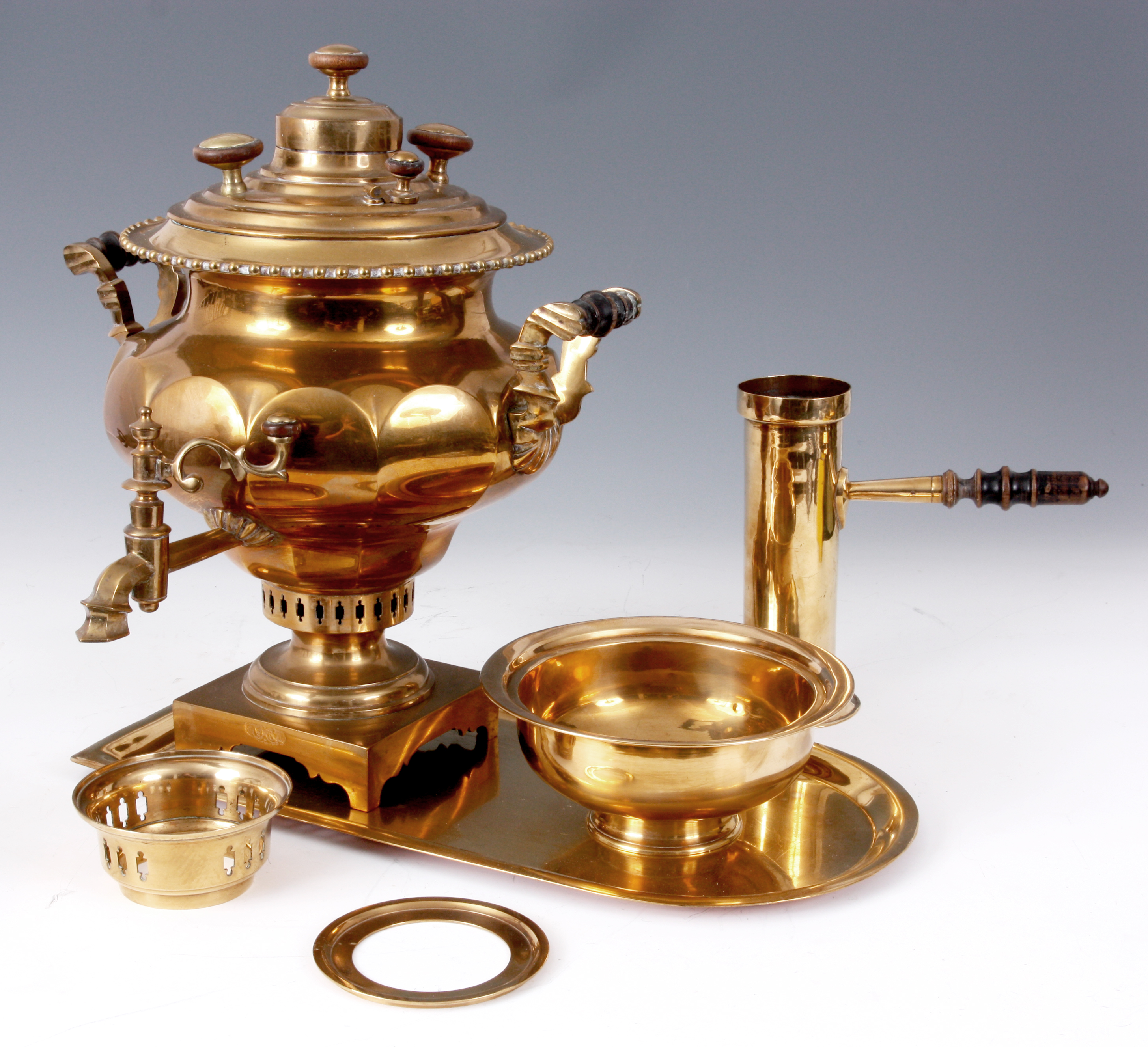 A LATE 19TH CENTURY RUSSIAN BRASS SAMOVAR complete with bowl, drip tray ...