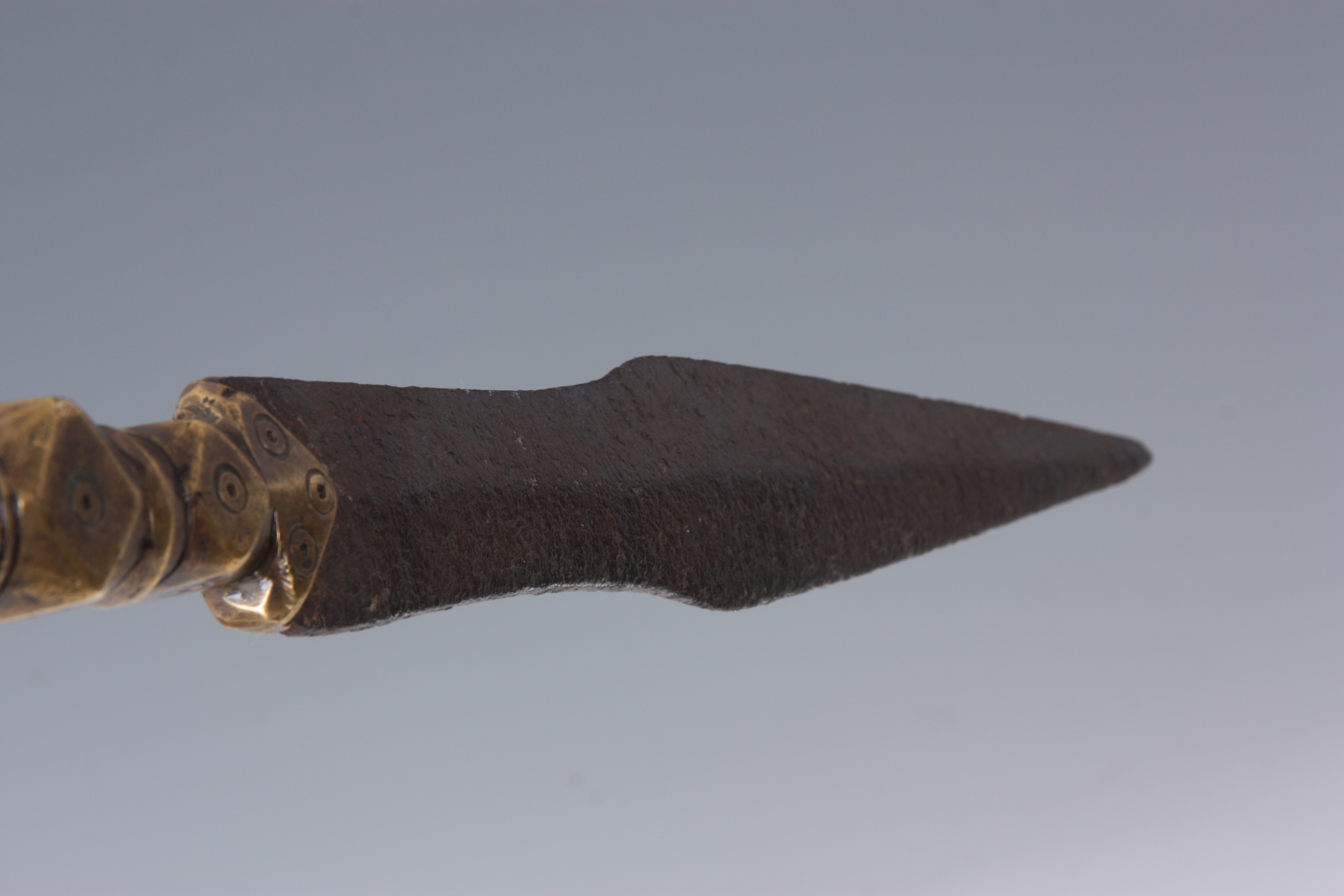 A CHINESE QUING DYNASTY PIKE HEAD with brass collar and an early axe ...