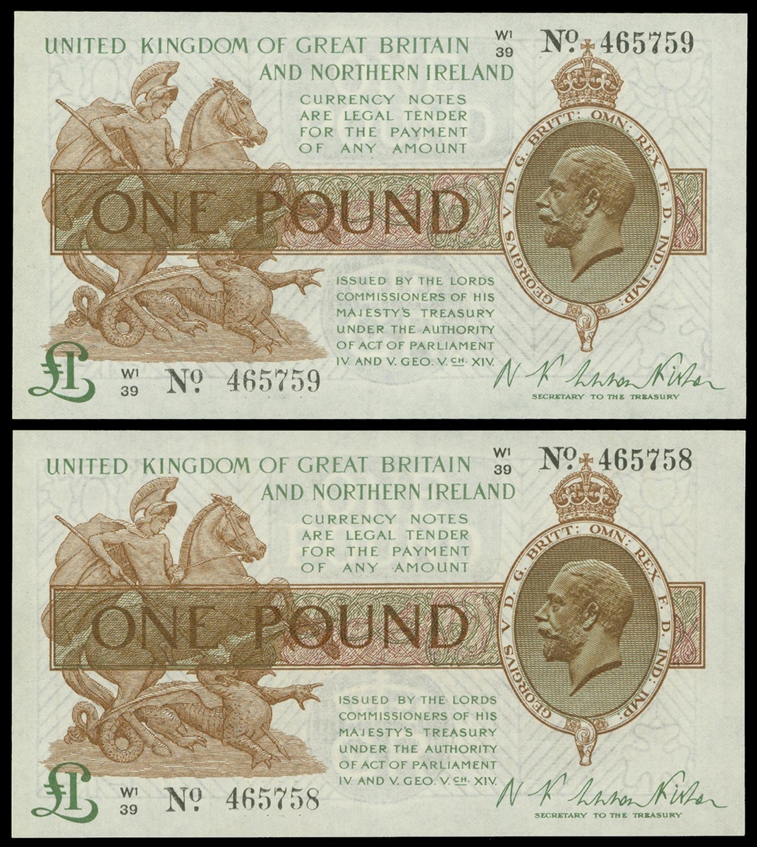 Great Britain, Treasury Notes, pair of consecutive 1 pound, ND (1927 ...