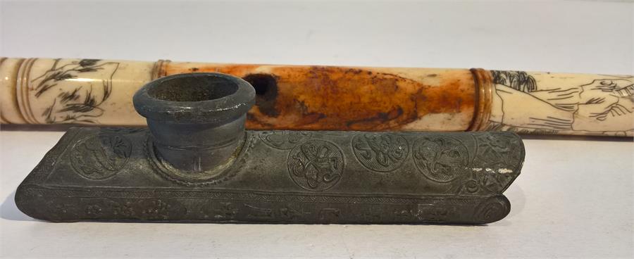 Antique Chinese Ivory Opium Pipe, the pipe formed from five ring-turned ...