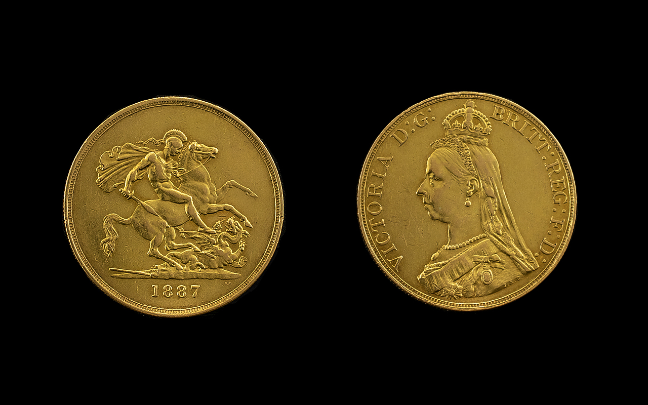 Queen Victoria Jubilee Head 22ct Gold Five Pound Coin date 1887. London ...