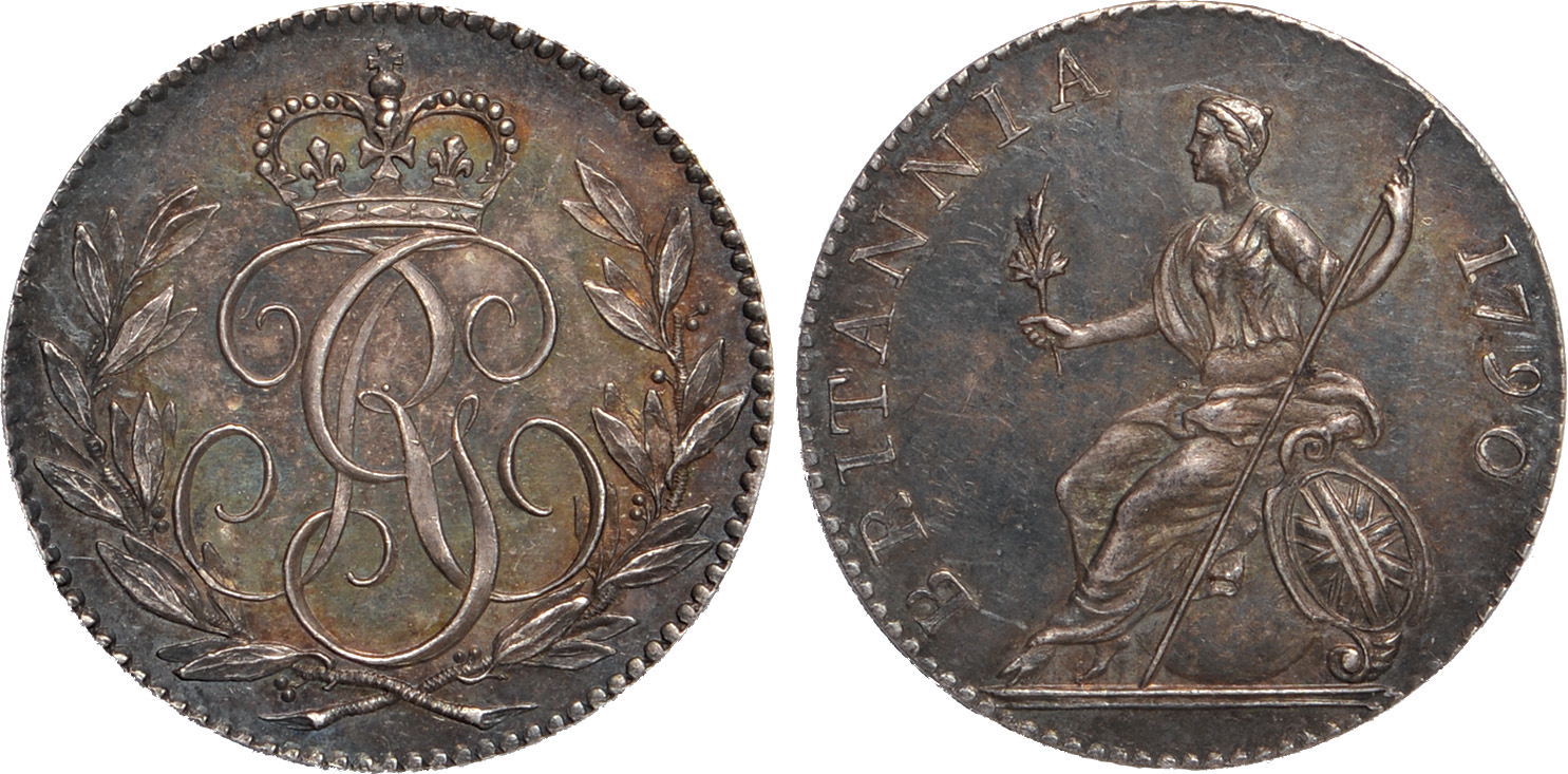 British Coins, George III, pattern sixpence, 1790, by J-P Droz, crowned ...