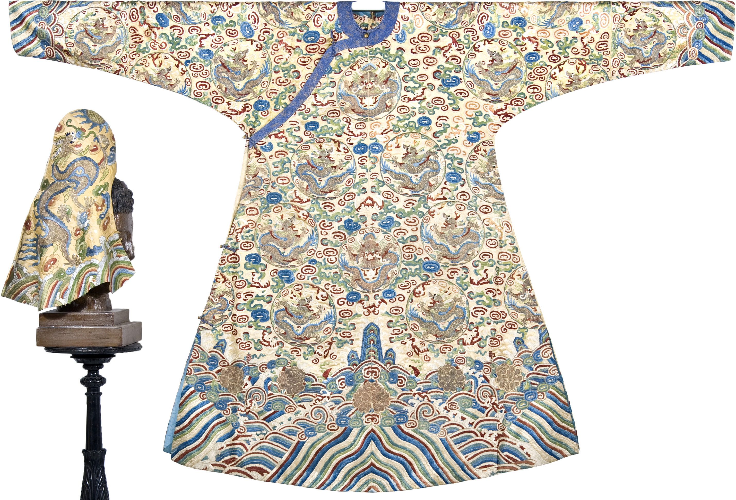 Ladies Chinese yellow silk "Dragon" robe, with silk bonnet (Fengguo ...