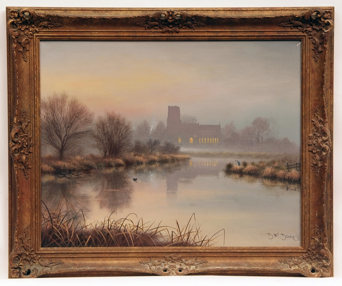 *DAVID DANE (CONTEMPORARY, BRITISH) The Church by the River Burgh oil ...