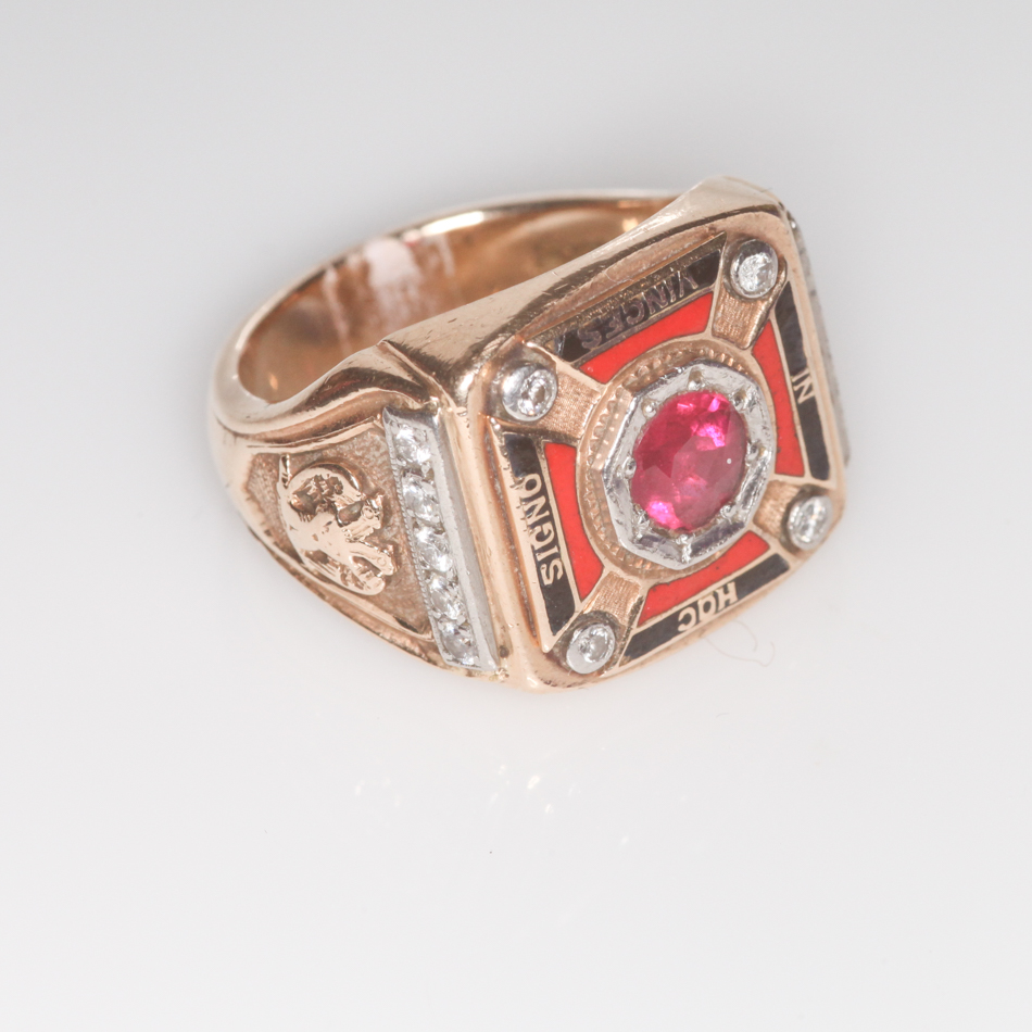 Gents 18ct gold Masonic Rose Croix ring set with one central ruby and ...