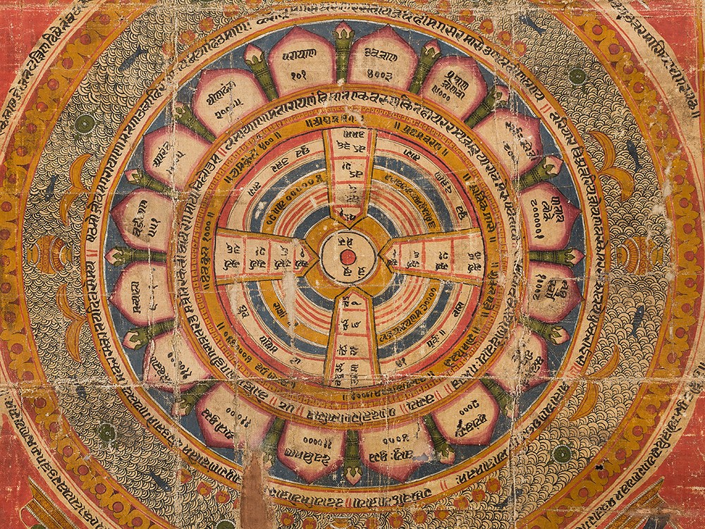 Jain Mandala with Depiction of Adhaidvipa, India, 19th C.Gouache on canvasGujarat, India, 19th ce