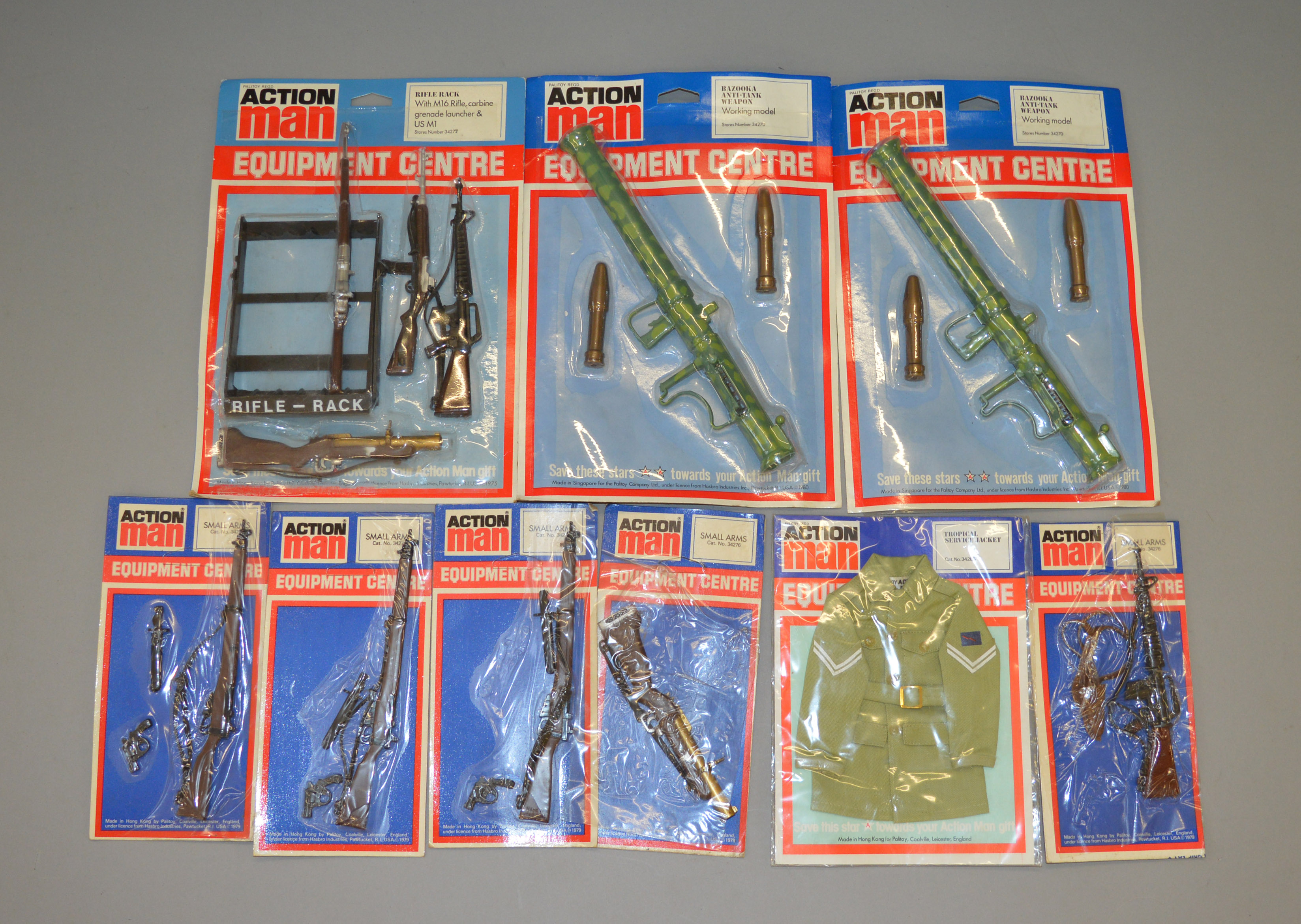 Palitoy Action Man Equipment Centre, nine sets: five Small Arms (two ...