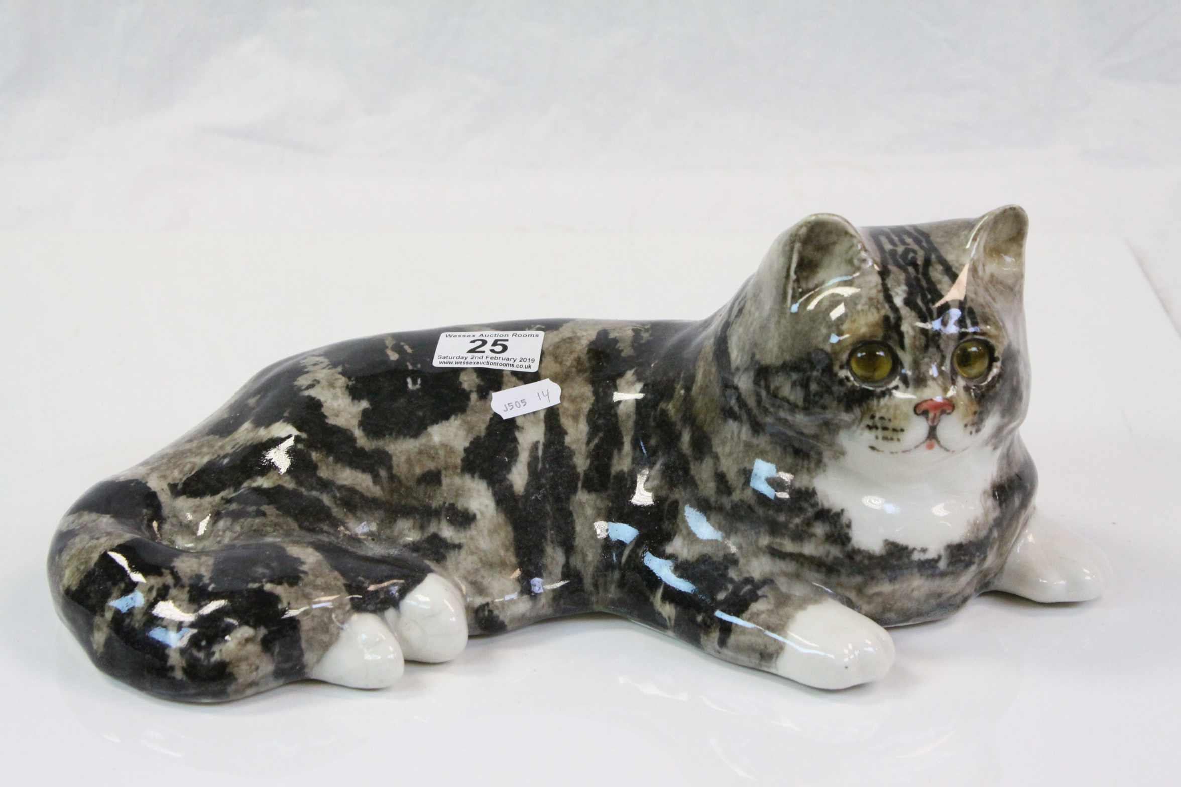 Large Winstanley recumbent tabby cat, size 6, signed to base, length ...