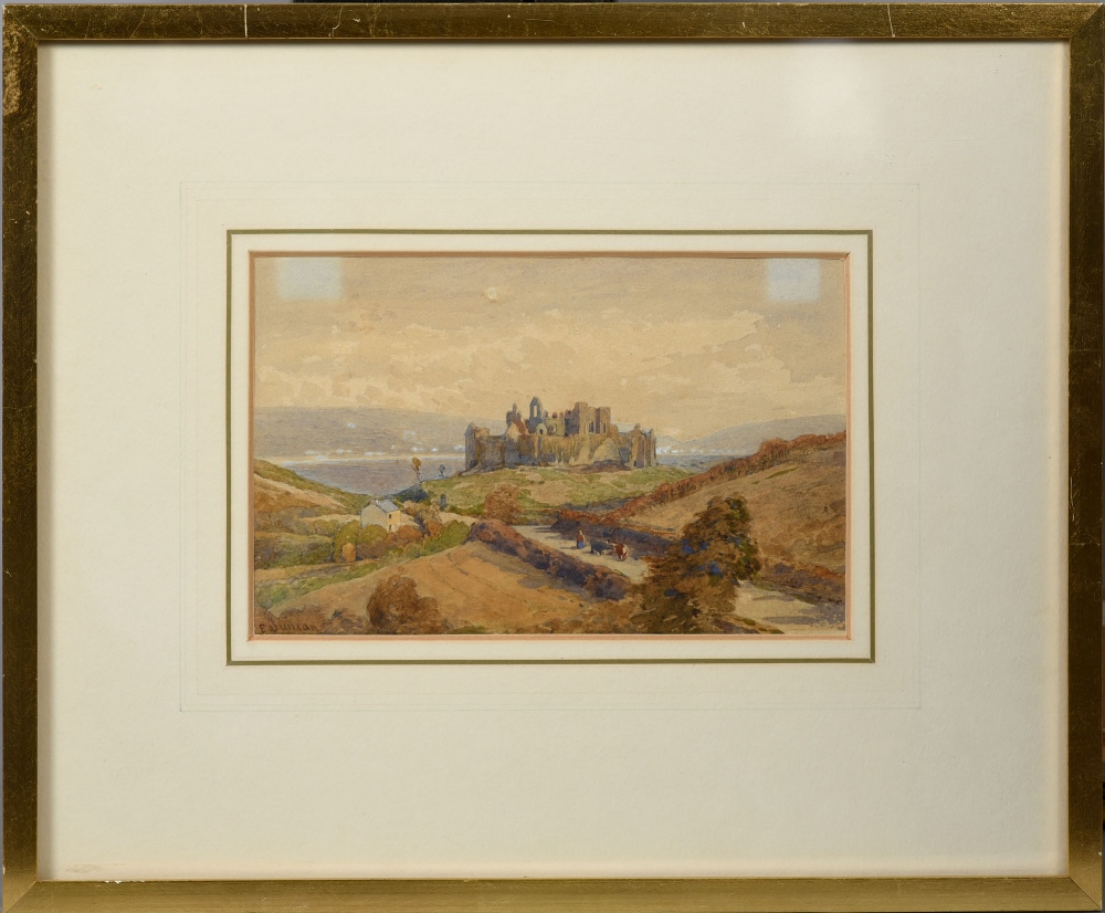 Edward Duncan 1803/1882 - Castle and distant lake, signed, watercolour ...