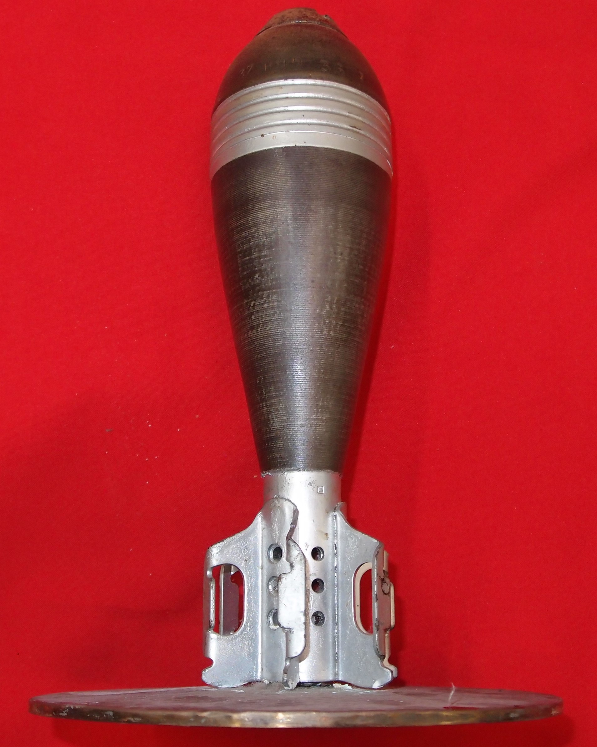 WW2 era 80mm mortar shell. Black & silver finished, with head and fin ...