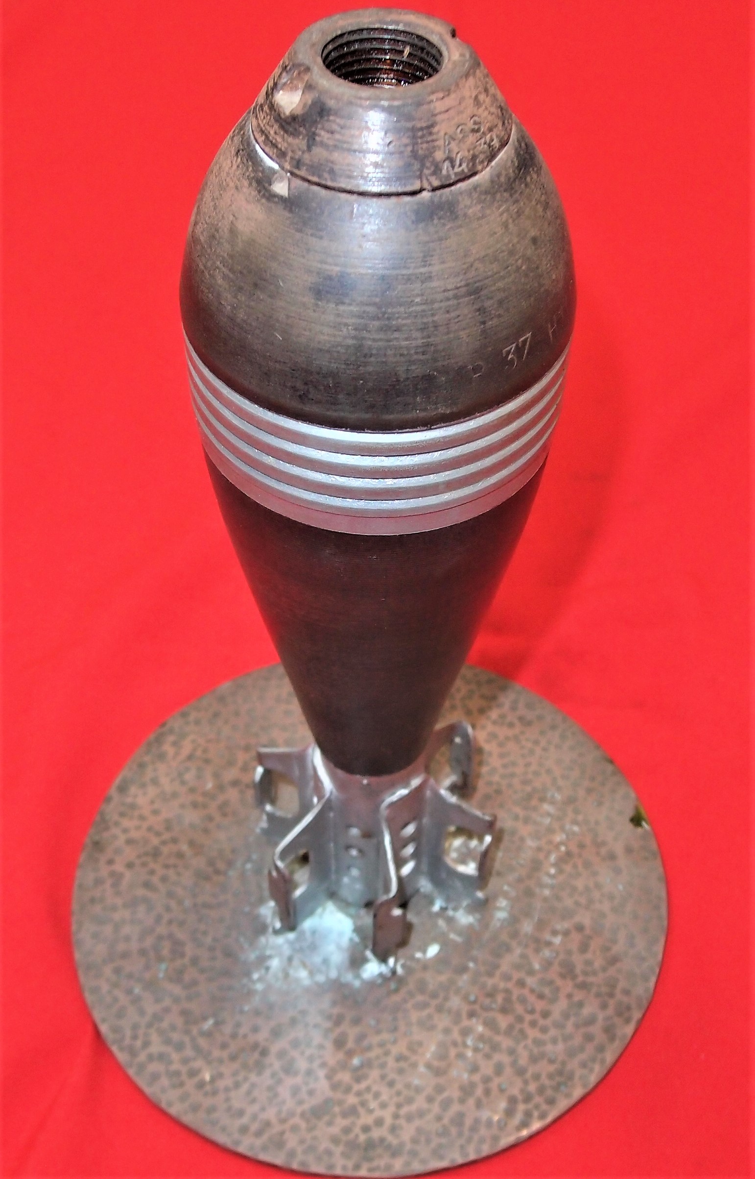 WW2 era 80mm mortar shell. Black & silver finished, with head and fin ...