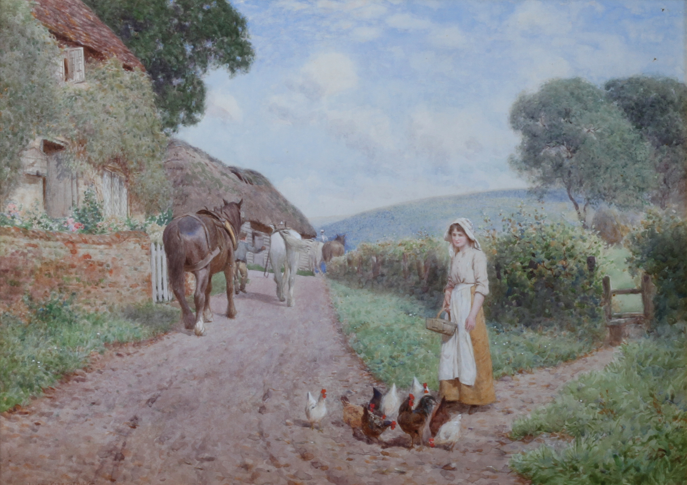 JOSEPH KIRKPATRICK (1872-1936), farm girl feeding chickens; lover's ...