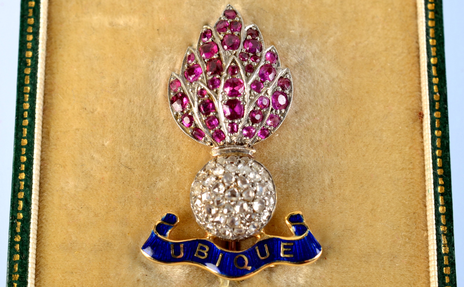 A good gold and enamel Royal Engineers Ubique grenade brooch pave set ...