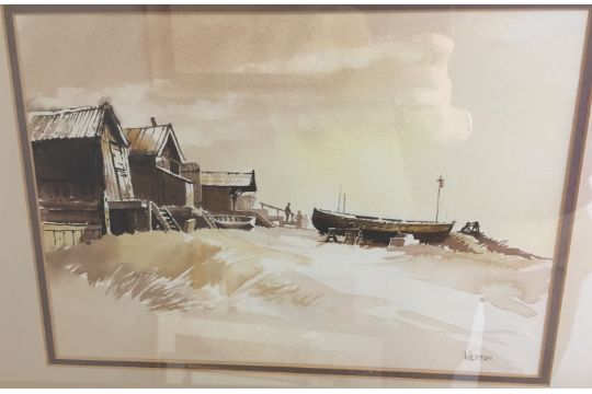 David Weston, Beach Huts, watercolour, signed, 24 x 35cms.