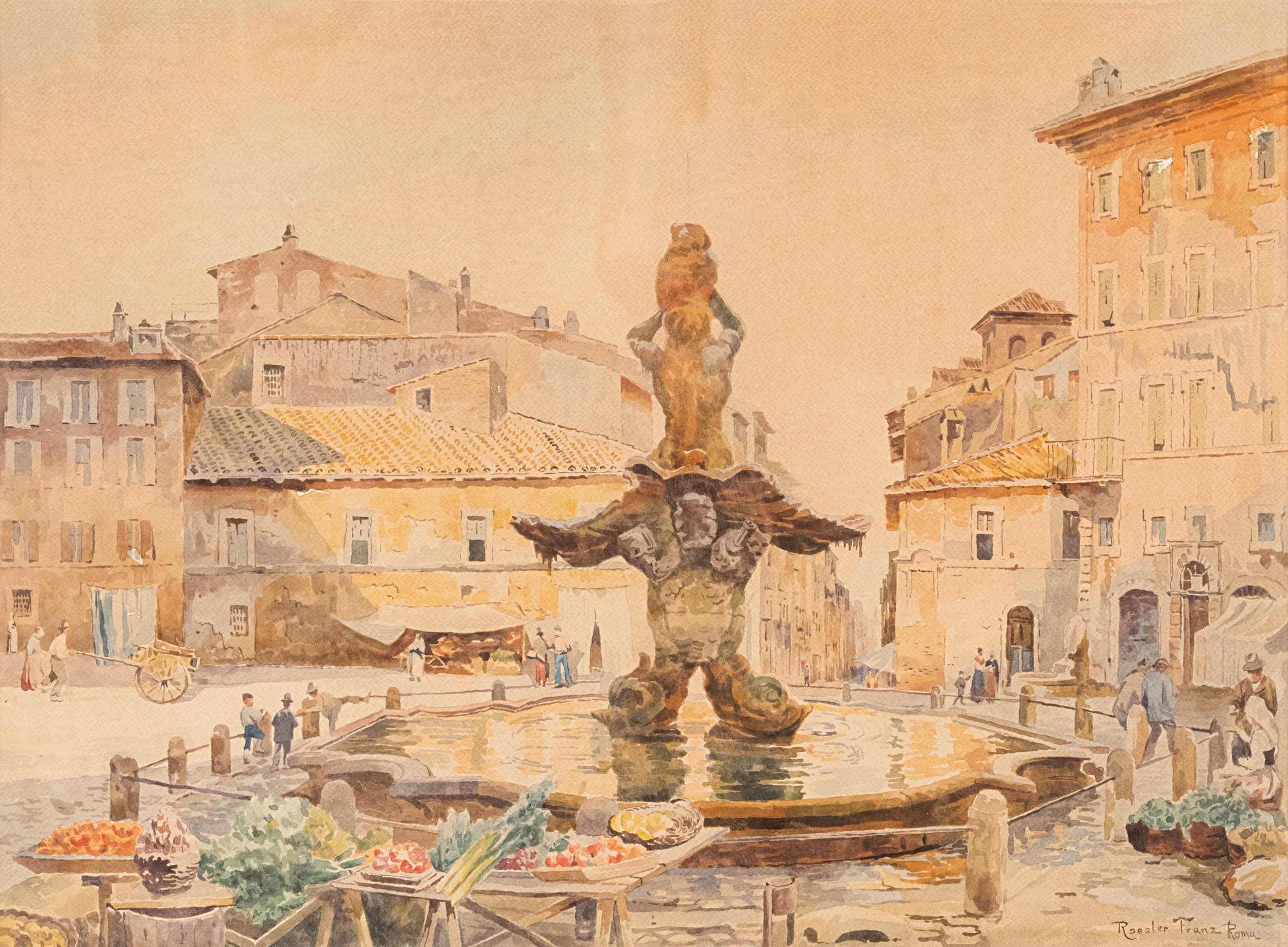 FRANZ ETTORE ROESLER (1845-1907) Piazza Barberini con figure Firmato ...