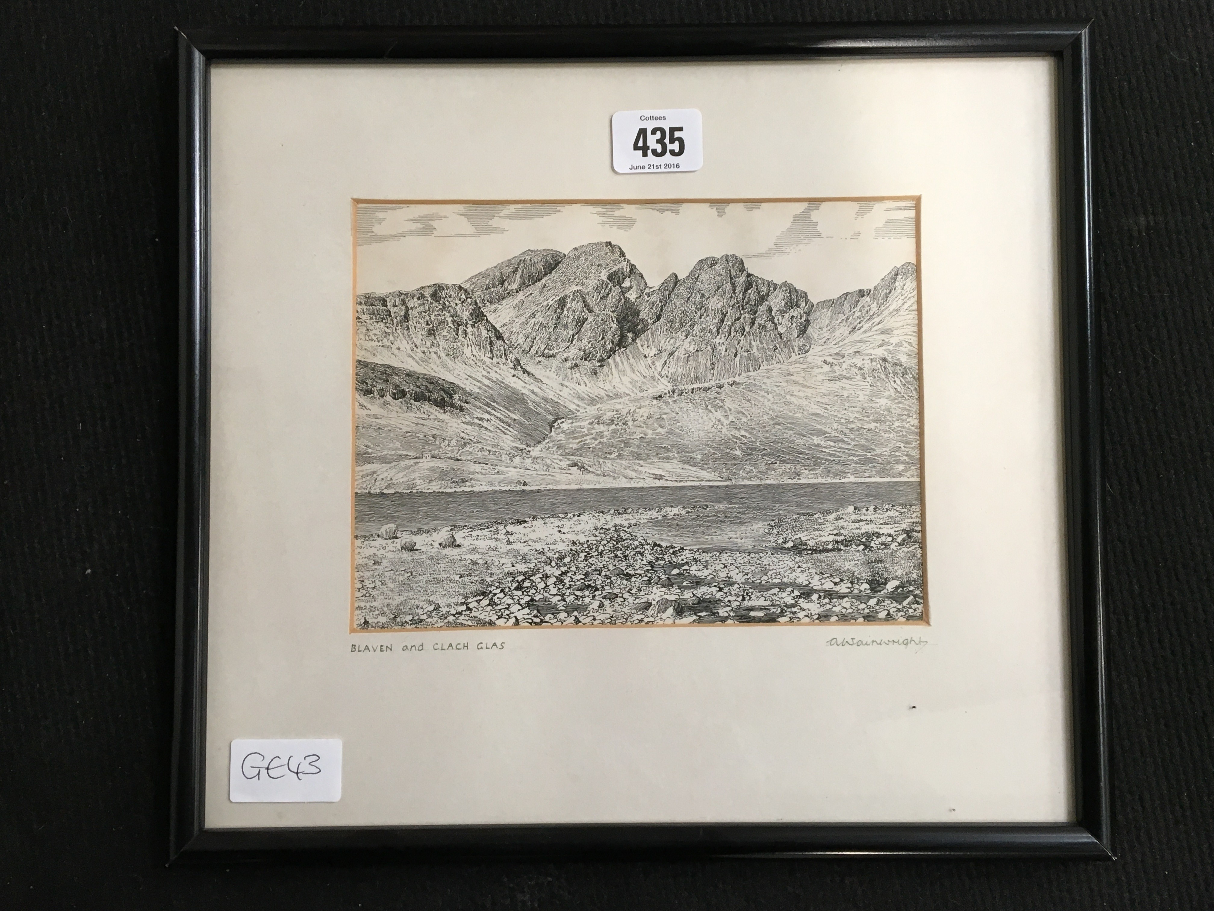 Alfred Wainwright: Framed and glazed pen and ink sketch; Blaven & Clach ...