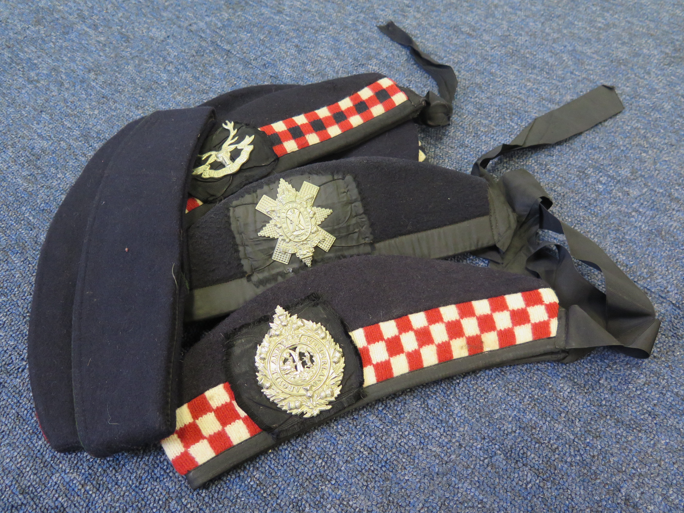 Military Caps as follows: 1) A triple diced Glengarry bonnet with a ...