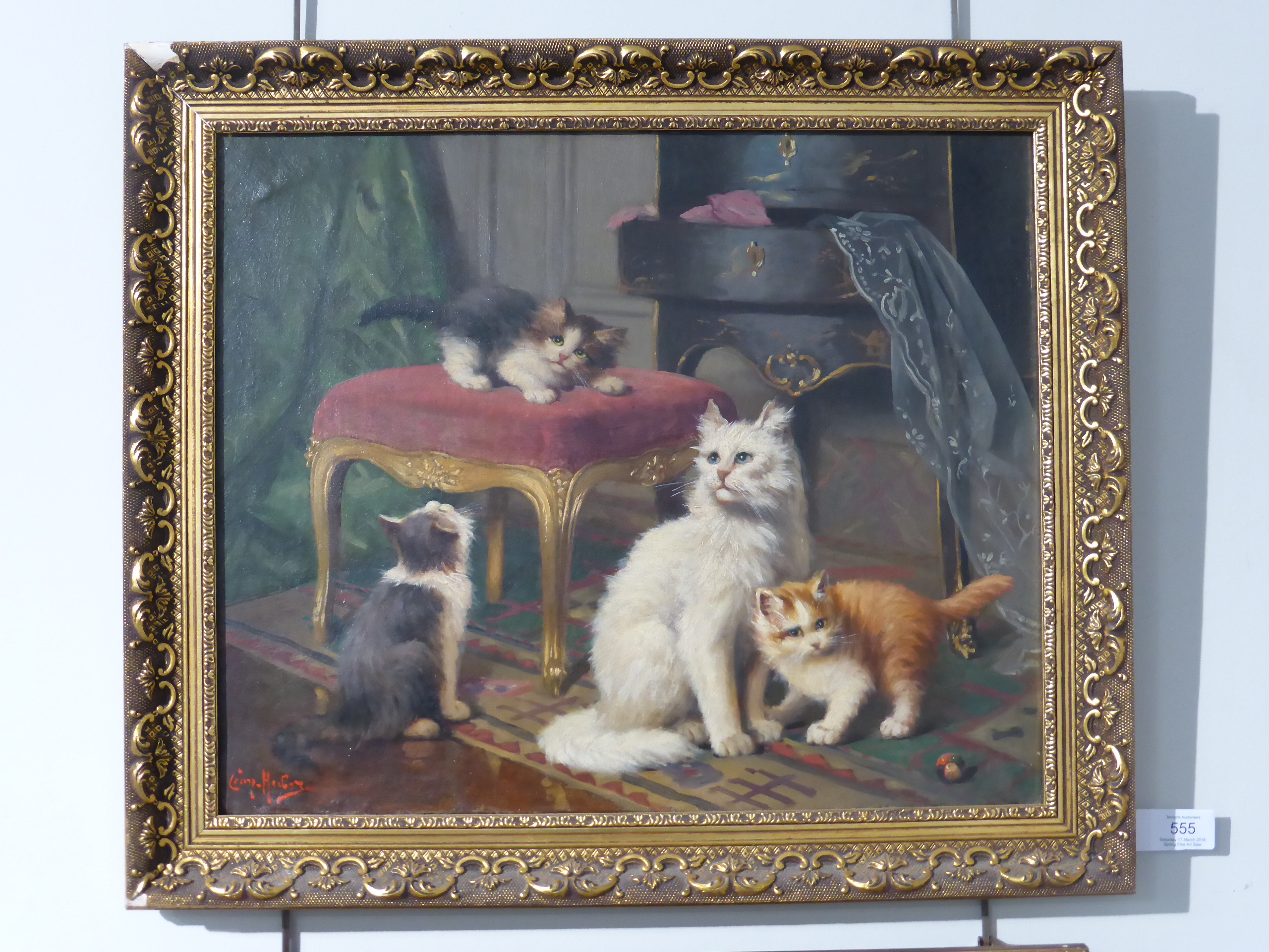 Léon Charles Huber (1858-1928) French Mischief - Cats at play in an ...