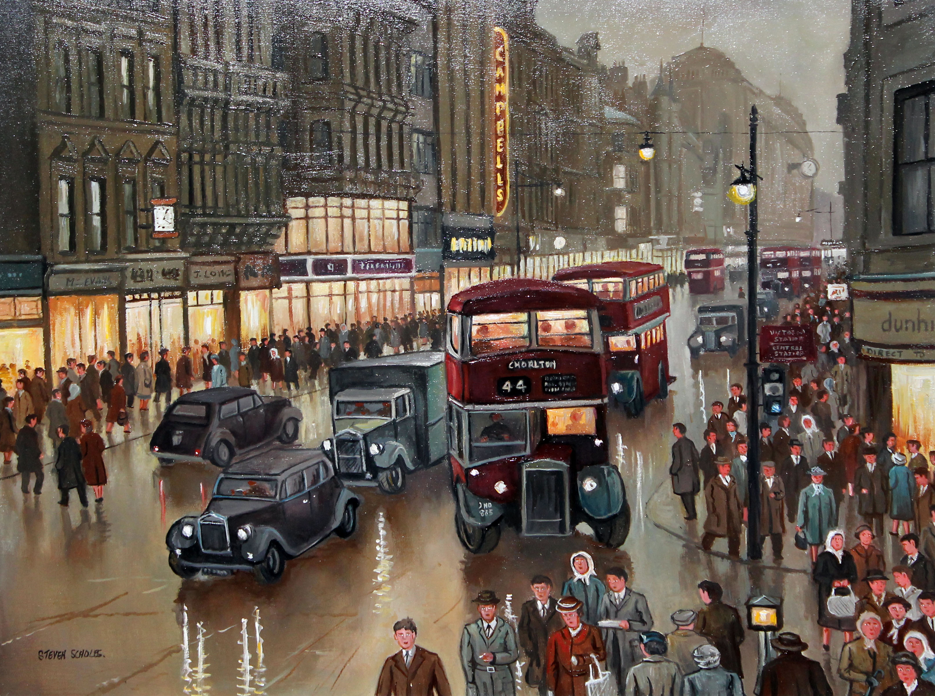 Steven Scholes. Market Street and Cross Street Manchester 1954. Oil on ...
