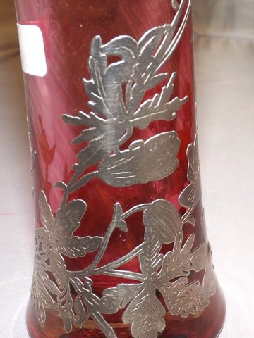 LAUGHARNE GLASS VASE WITH SILVER OVERLAY 6" EST[£20-£40]