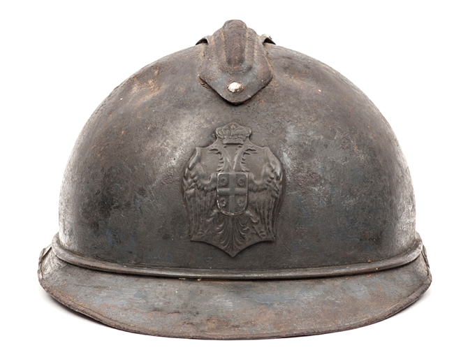 A rare WWI Serbian Adrian pattern steel helmet, with grey painted ...