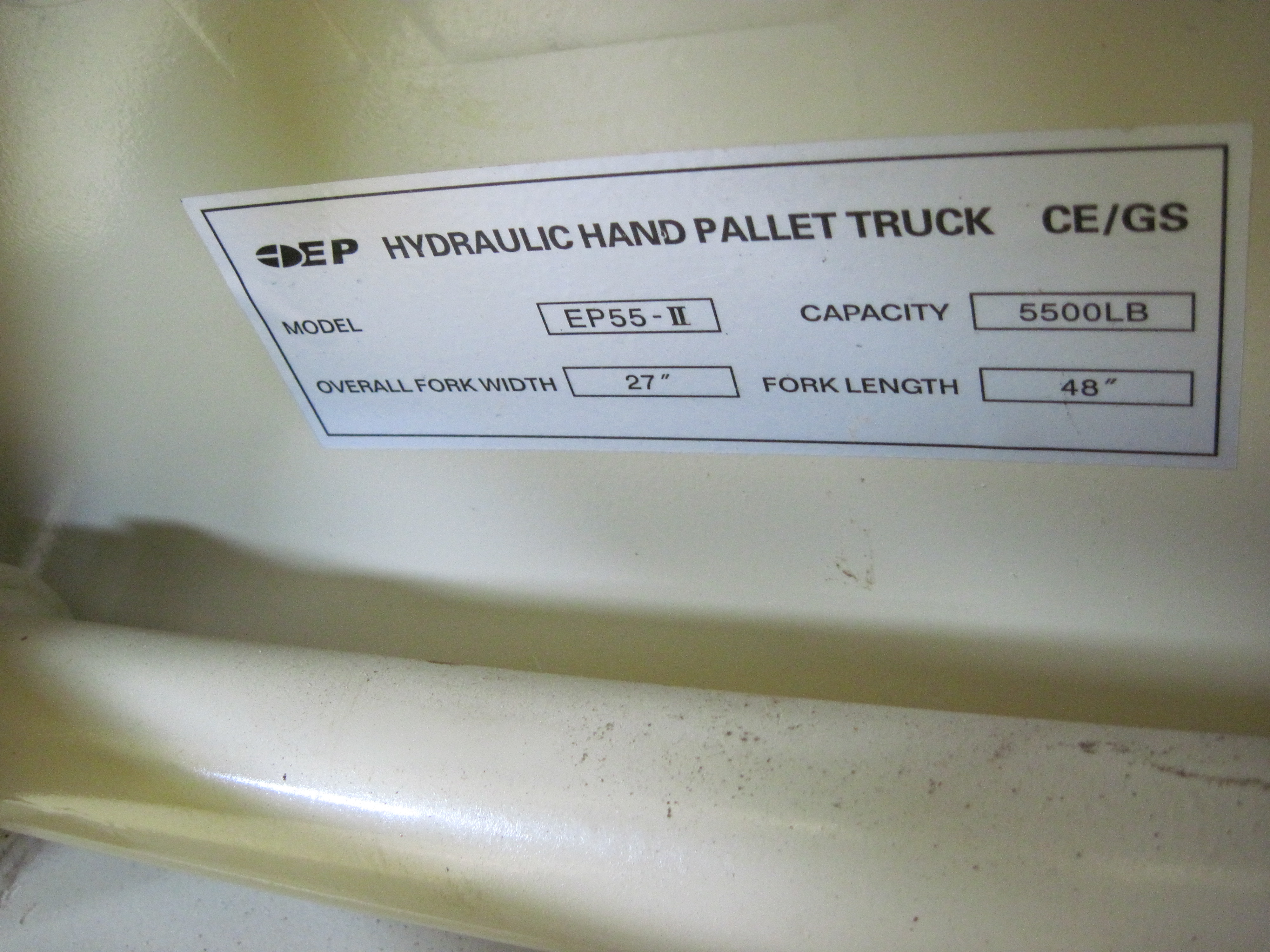 NEW EP Pallet Jack, Model EP55-II, Capacity: 5,500 lbs., Fork Width 27 ...