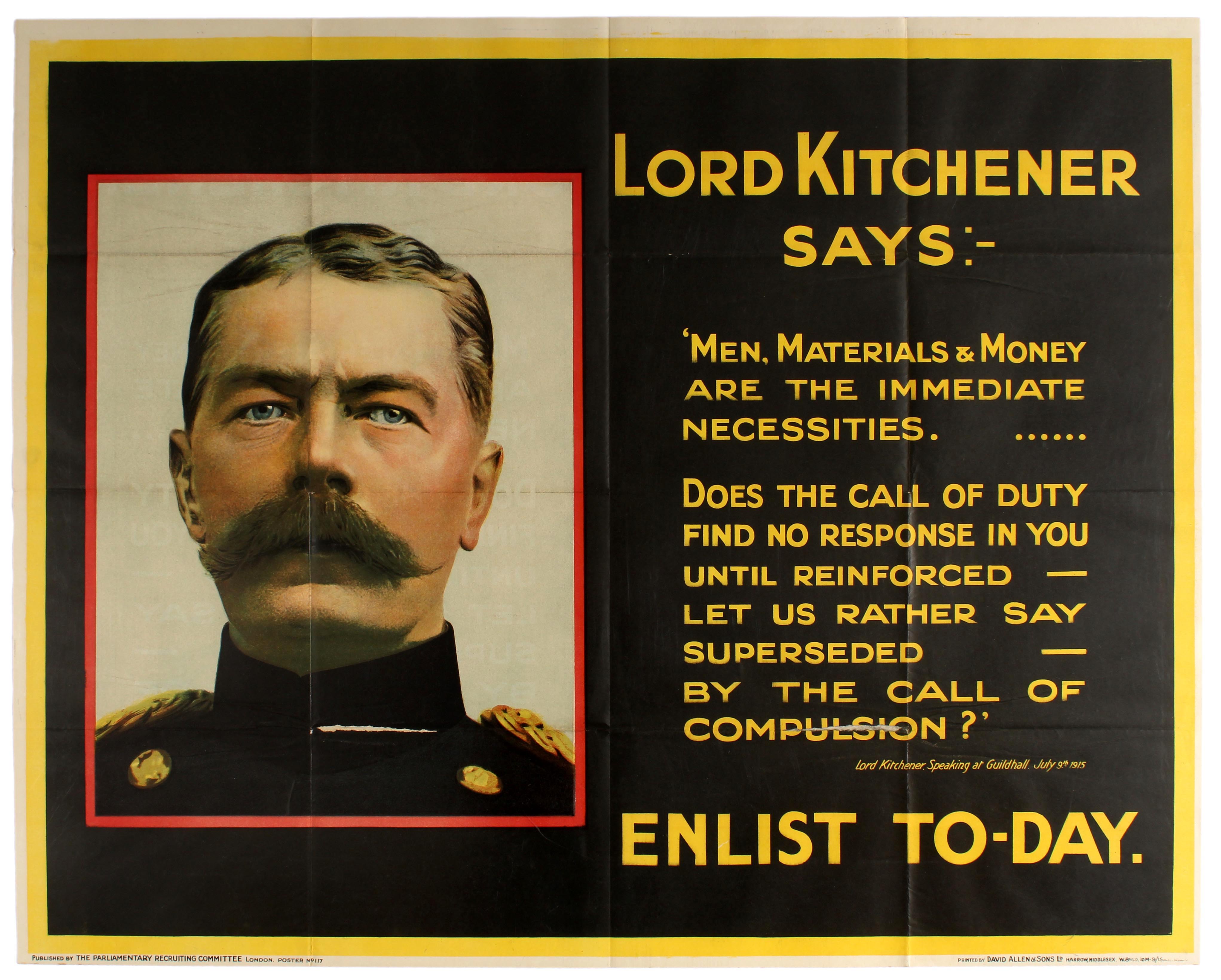 Original vintage WWI Propaganda Poster - Lord Kitchener says: Enlist to ...