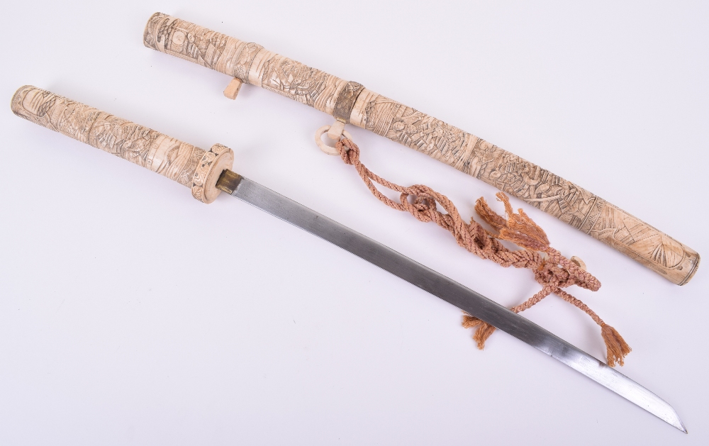 Japanese Carved Bone Sword Katana, untampered blade, hilt and scabbard ...