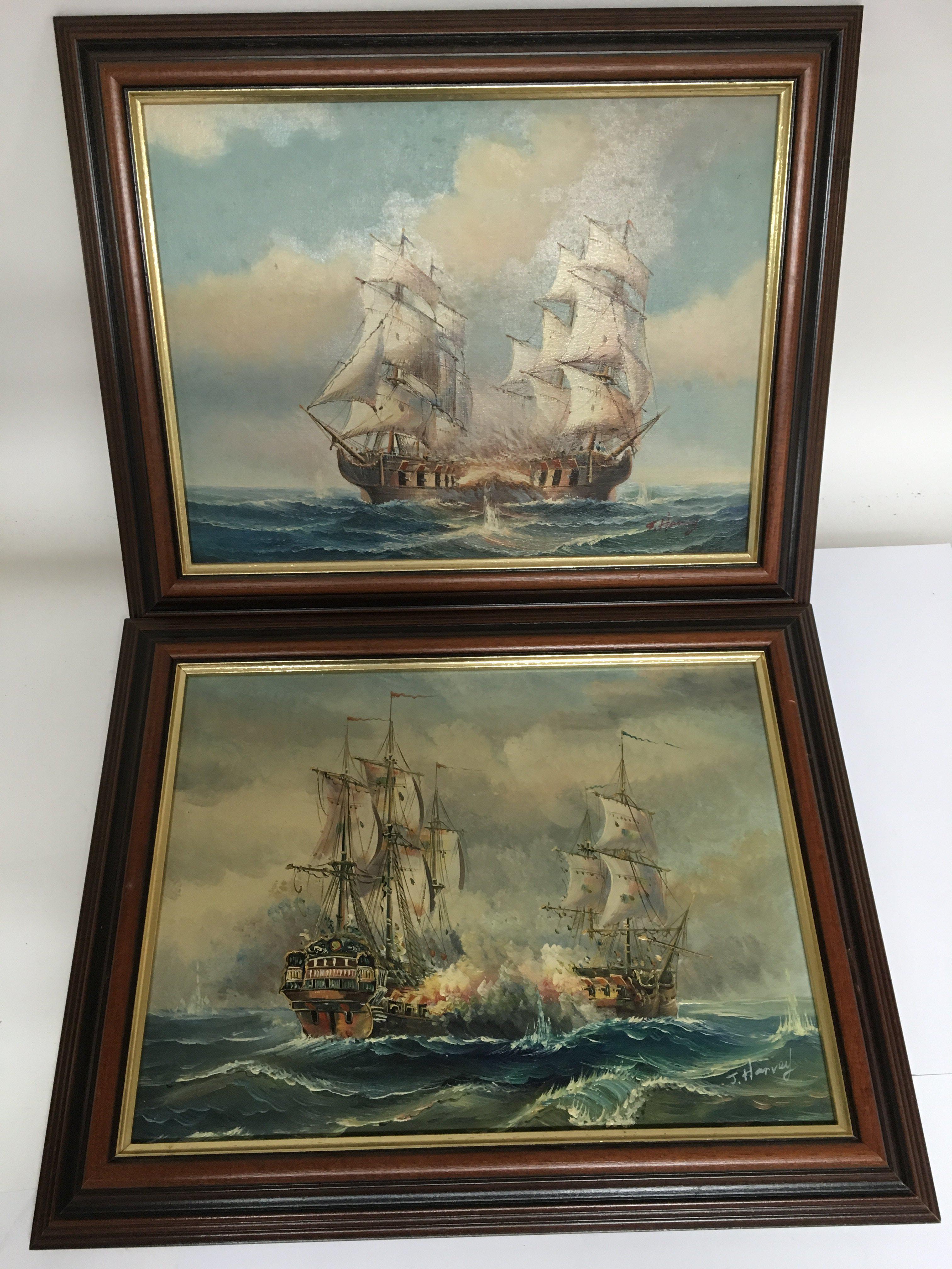 Two framed oil on canvas seascape paintings by J Harvey, approx 49.5cm ...