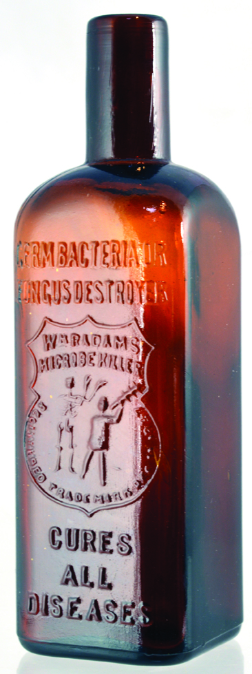 WM RADAMS MICROBE KILLER BOTTLE. 6.75ins tall, red/ amber glass square ...