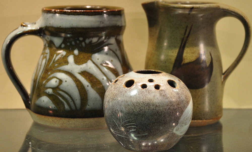 A David Leach studio pottery jug with abstract glazed body together ...