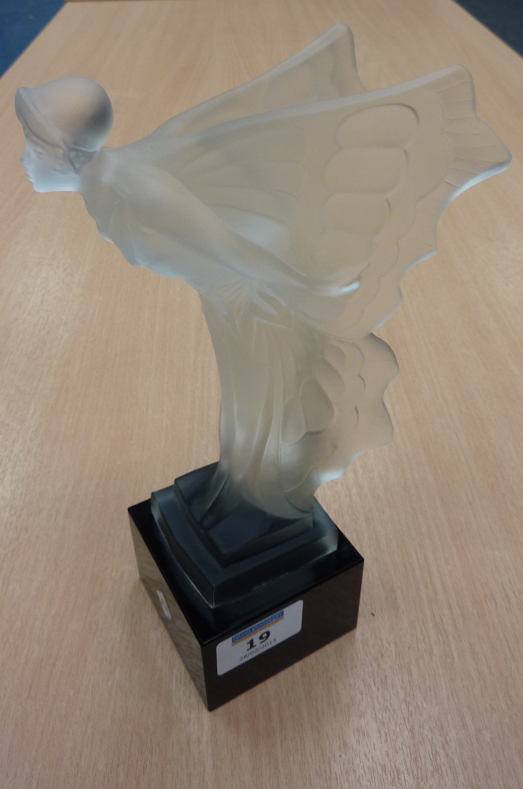 Desna frosted crystal 'Spirit of Ecstasy' figurine on black glass base 24cm