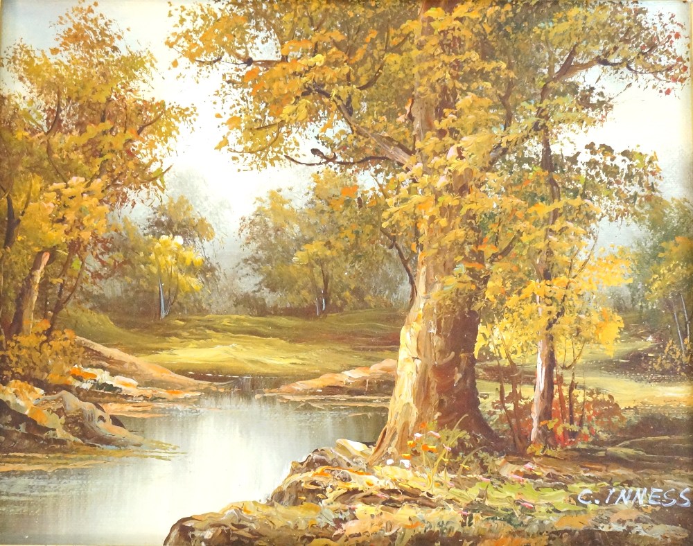 C INNESS Woodland scene, oil on board, signed, 24cm x 19cm