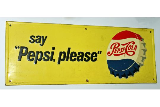 Pepsi-Cola yellow â€œSay Pepsi Pleaseâ€ metal sign, 30.5â€ x11.5â€ Â