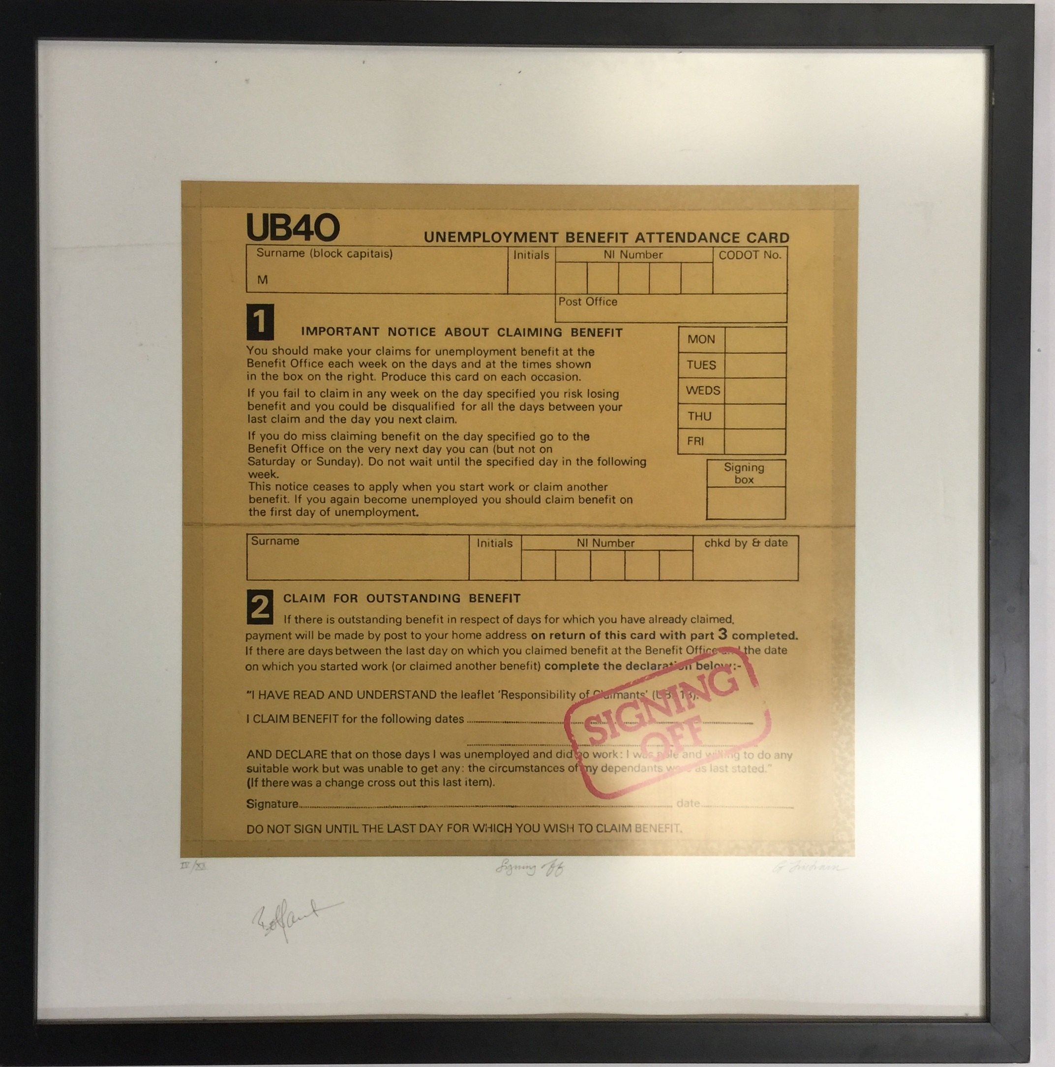 UB40 SIGNING OFF ARTWORK. UB40 ARTWORK. A mounted, framed, signed and ...