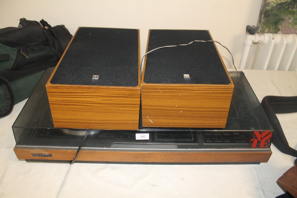 A VINTAGE MUSIC CENTRE AND A PAIR OF DECCA SPEAKERS