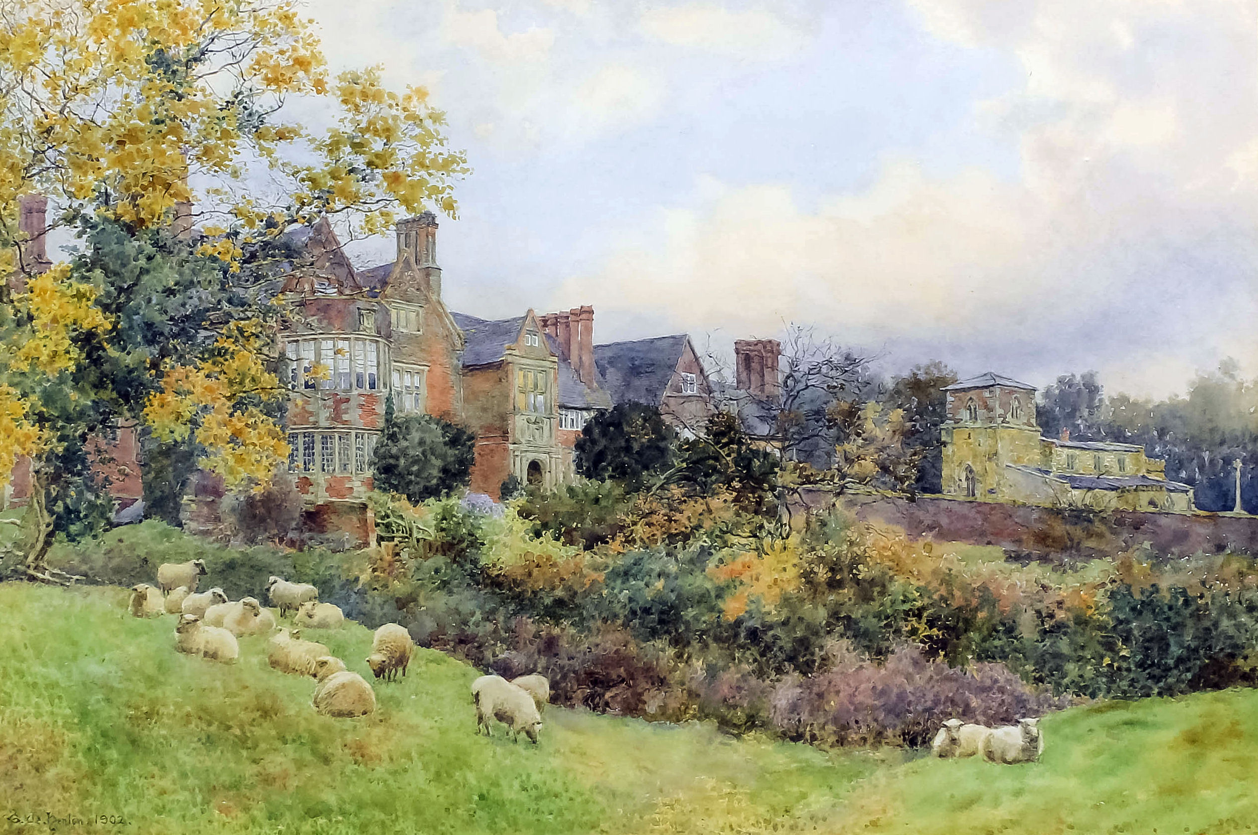 George Moore-Henton (1861-1924) - Watercolour - "The Old Hall and ...