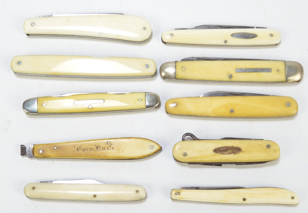 A collection of ten various ivory, bone and antler handled pen knives ...