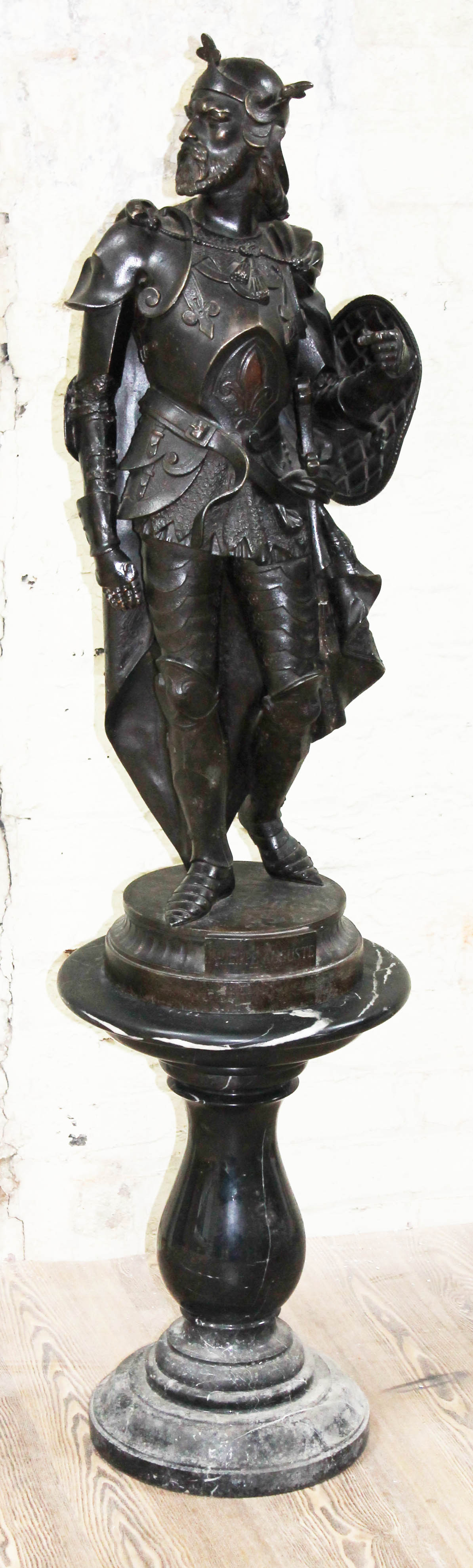 A French spelter figure depicting Philippe Auguste on marble base ...