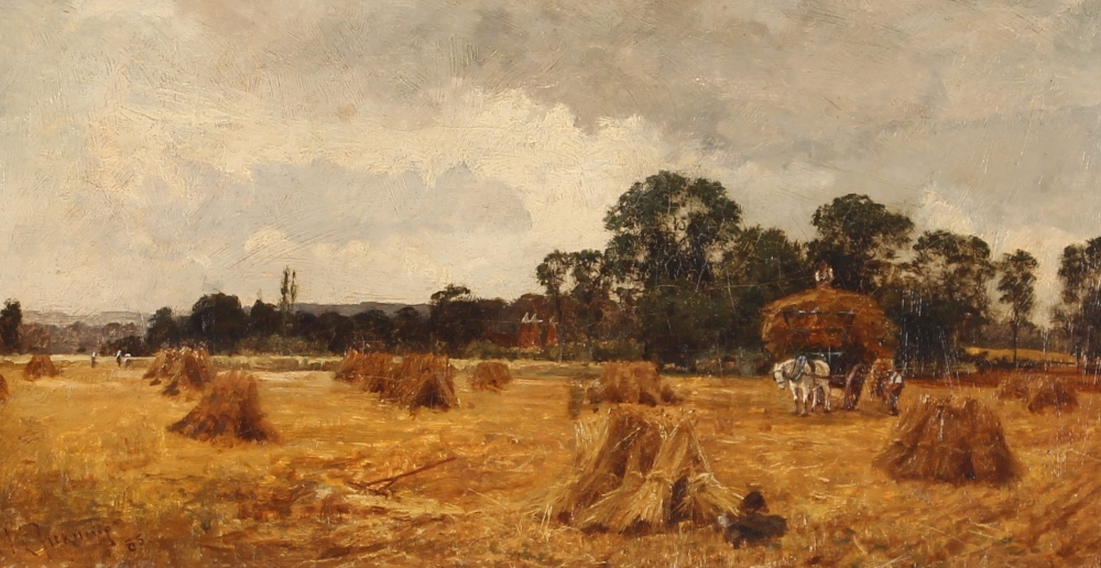 J.L. Pickering, harvest scene, signed oil on board dated 1885, 22cm x 43cm