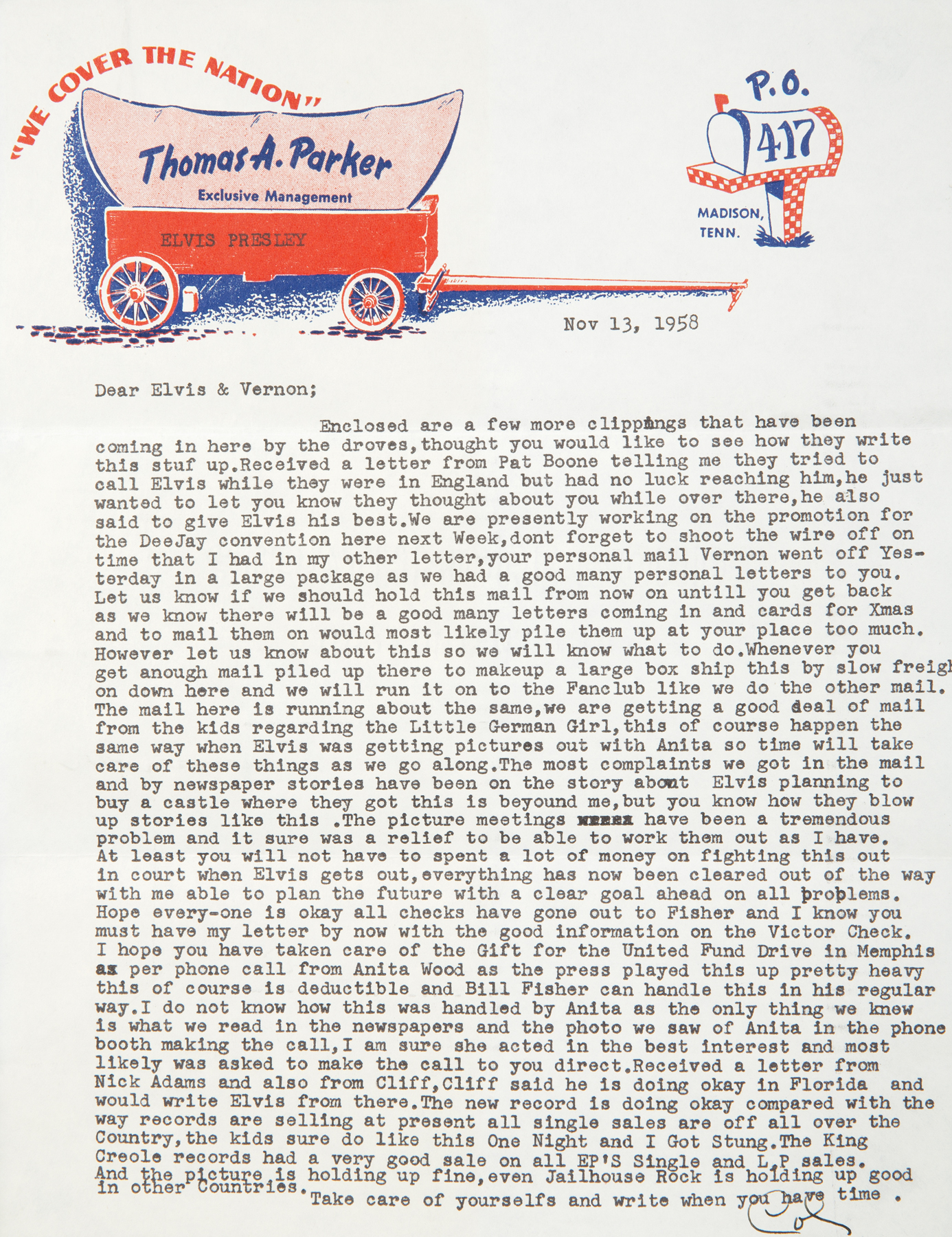 ELVIS PRESLEY 1958 LETTER FROM COL. PARKER A Col. Tom Parker typed ...