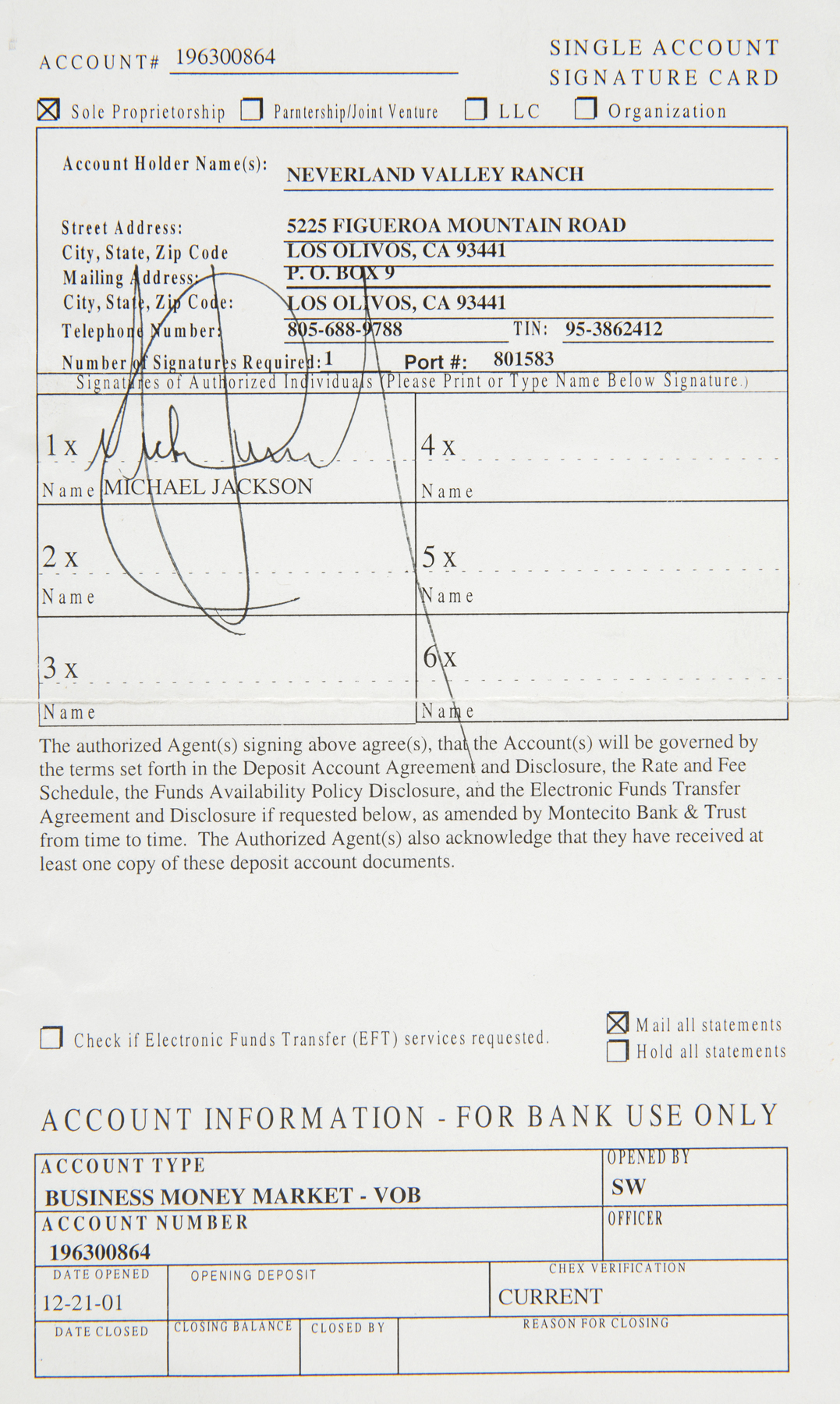 MICHAEL JACKSON ACCOUNT SIGNATURE CARD A Michael Jackson signed bank ...