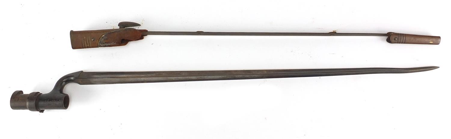 British Military triangular bayonet with part scabbard, numbered 43 and ...