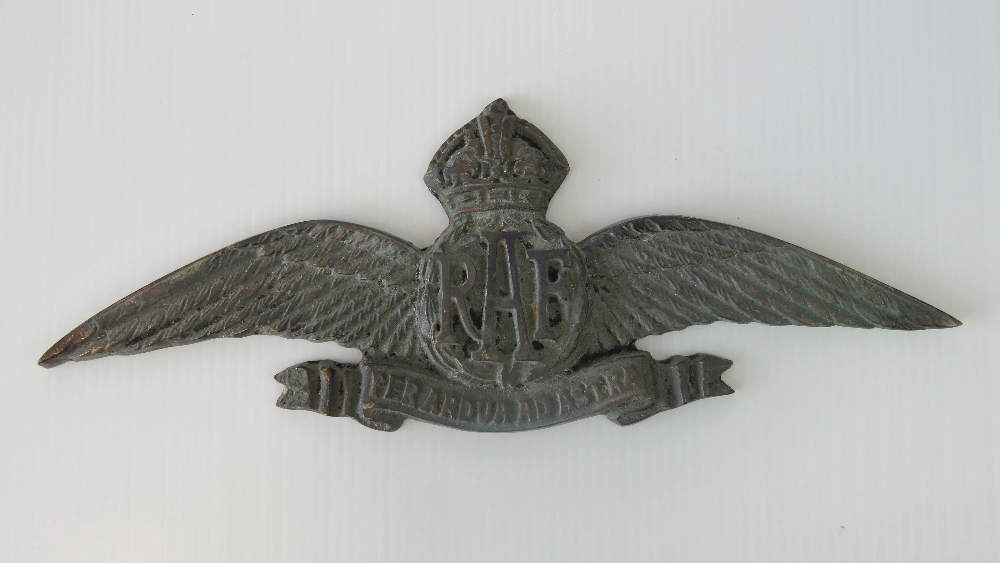 WWII RAF - A large cast bronze winged insignia badge motif c1940s; well ...