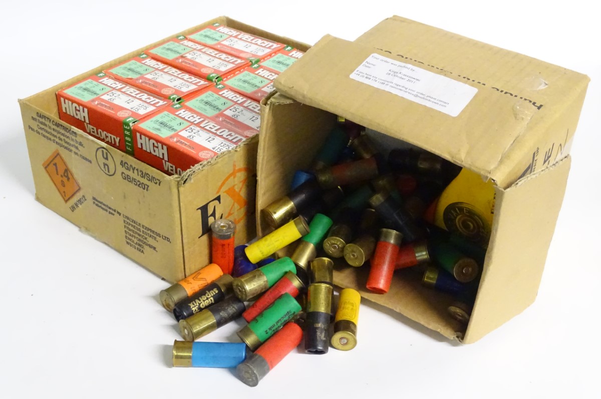 An assortment (approximately 250) of 12 bore clay shooting shotgun ...