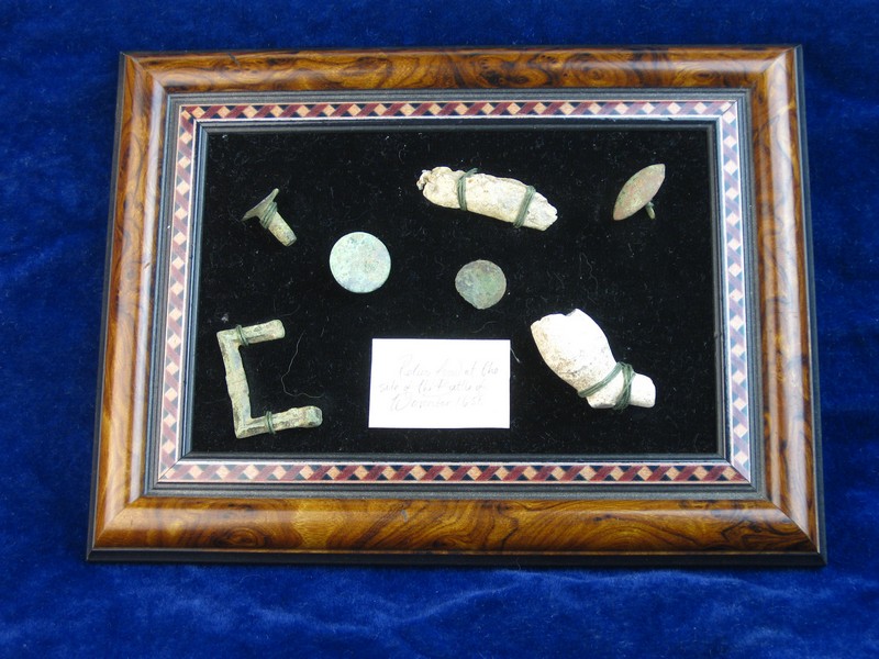 ENGLISH CIVIL WAR RELICS . A small framed display of relics collected ...