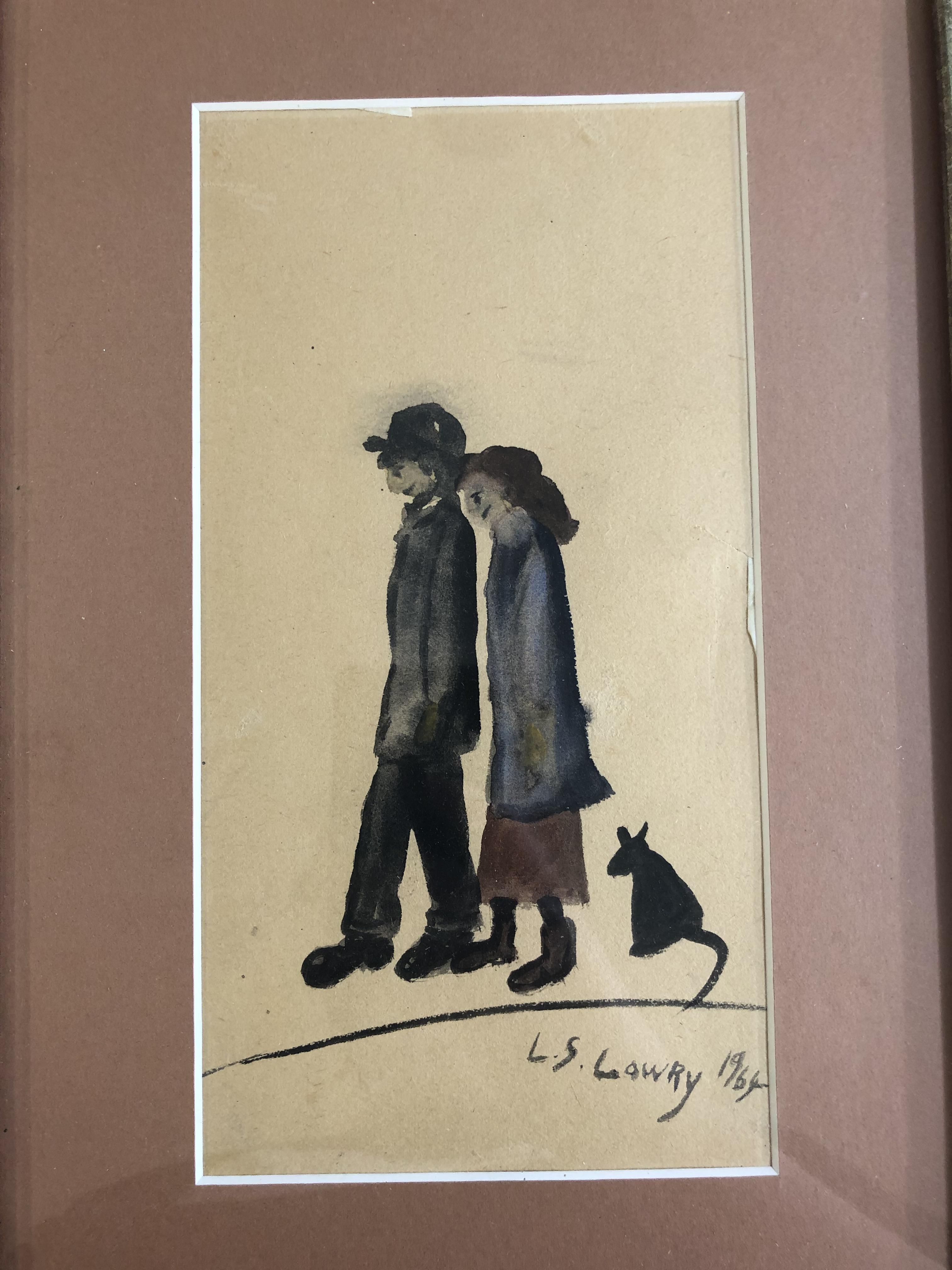 Framed watercolour signed L.S Lowry 1964, depicting couple and dog