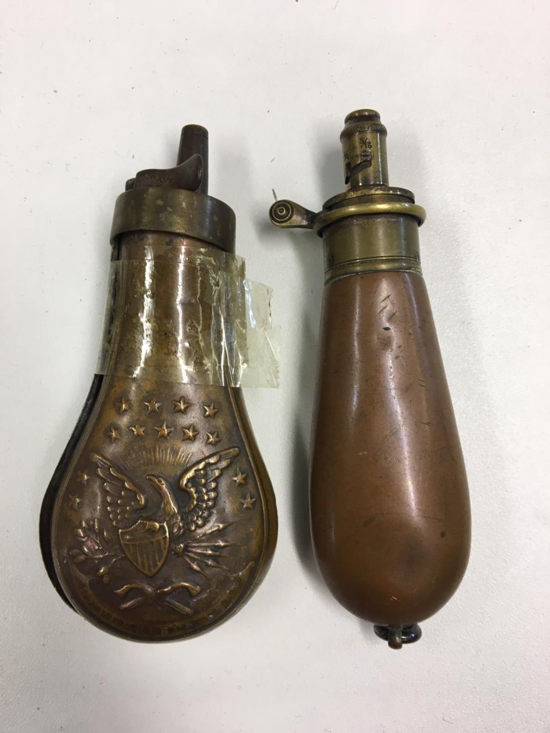 Pair of US Civil war pistol powder flasks to inc C & j w hawksley ...