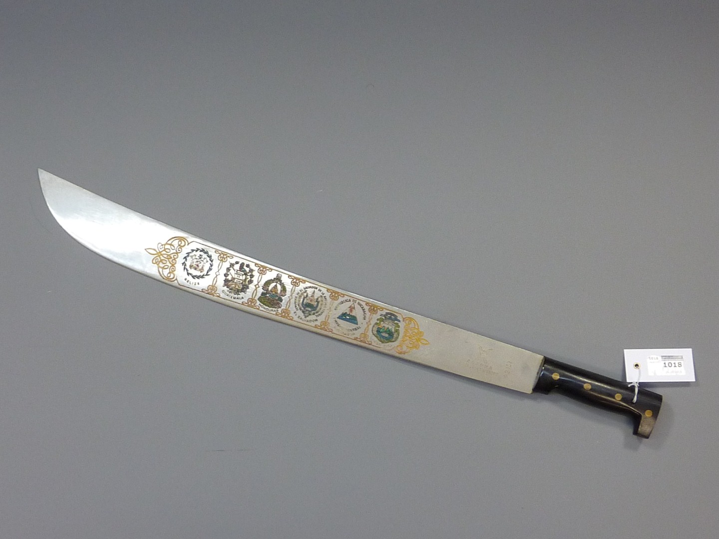 Central American souvenir machete, 56cm enamel decorated blade stamped ...