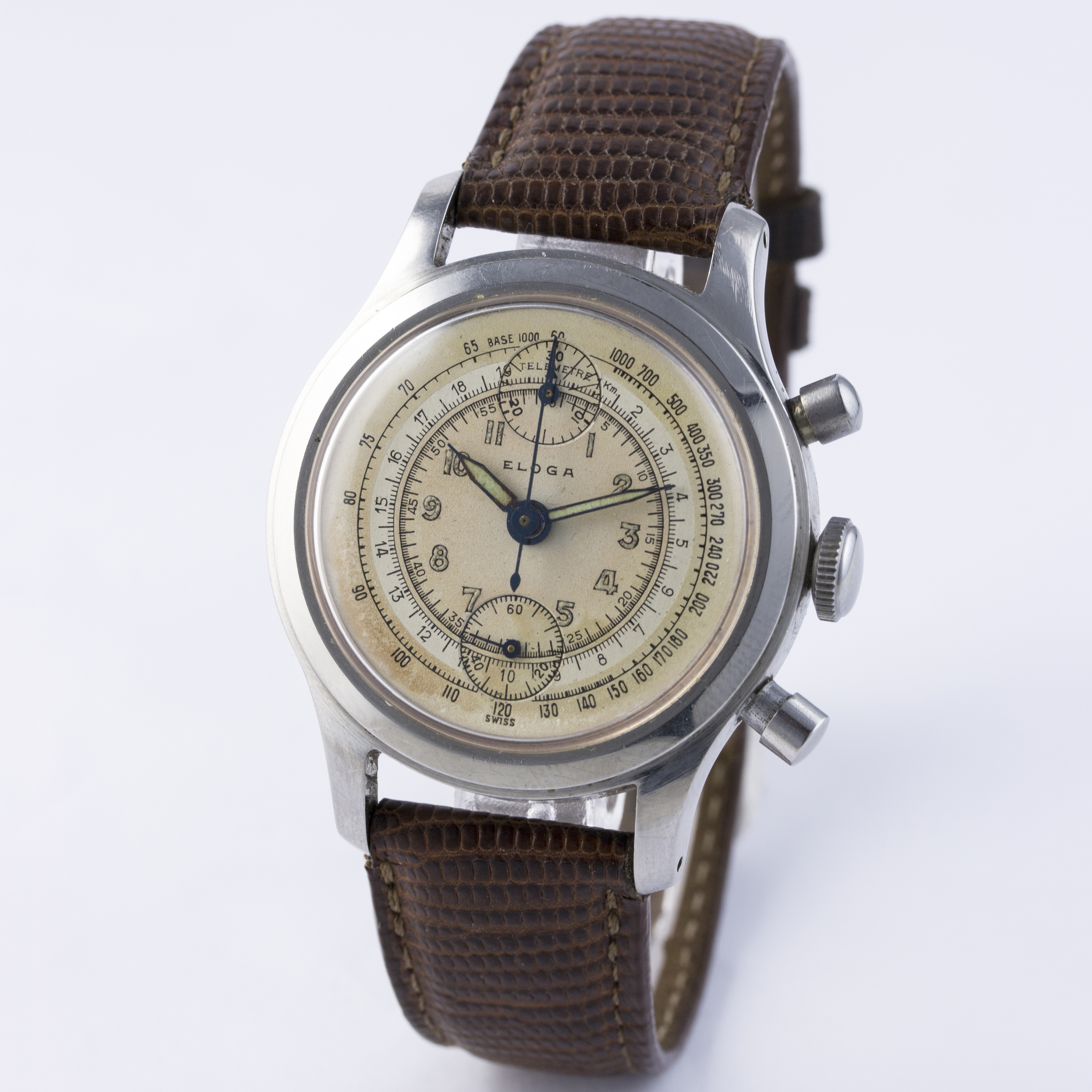 A GENTLEMAN'S STAINLESS STEEL ELOGA CHRONOGRAPH WRIST WATCH CIRCA 1940s ...